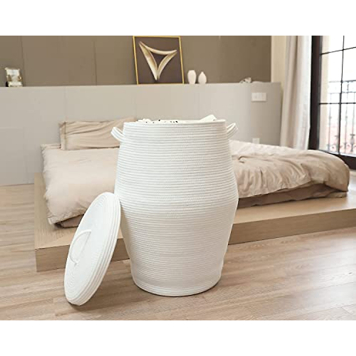 26" x 20" Tall Extra Large Storage Basket with Lid, Cotton Rope Storage Baskets, Woven Laundry Hamper with Cover, Cloth Storage Bin, for Clothes Blanket in Living Room, All White