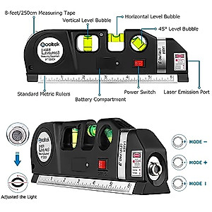 Laser Level, Qooltek Multipurpose Cross Line Laser 8 feet Measure Tape Ruler Adjusted Standard and Metric Rulers for hanging with Metal Tripod Stand(Black)