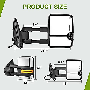 AUTOSAVER88 Towing Mirrors Compatible with 2007-2014 Chevy Silverado Tahoe Suburban, GMC Sierra Yukon, Switchback LED Tube Turn Signal Light Power Heated Telescoping Tow Mirrors Pair Set-Chrome