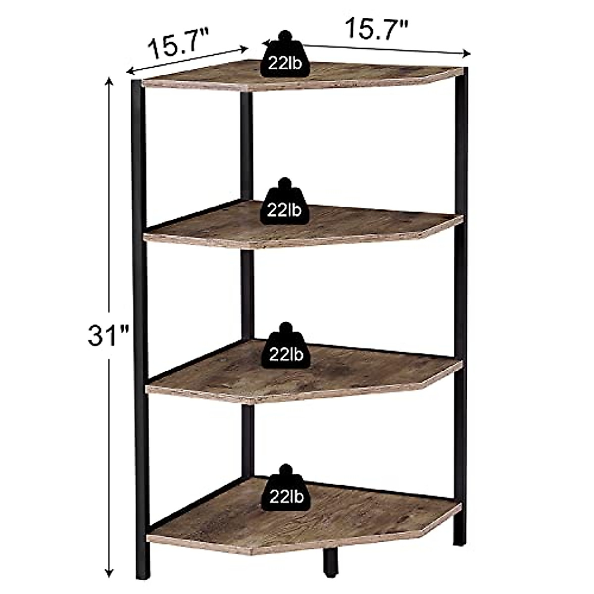 VECELO Corner Shelf, 4-Tier Display Shelves, Wood Storage Stand with Metal Frame, Multipurpose Shelving Unit for Small Space, Home Office, Grey