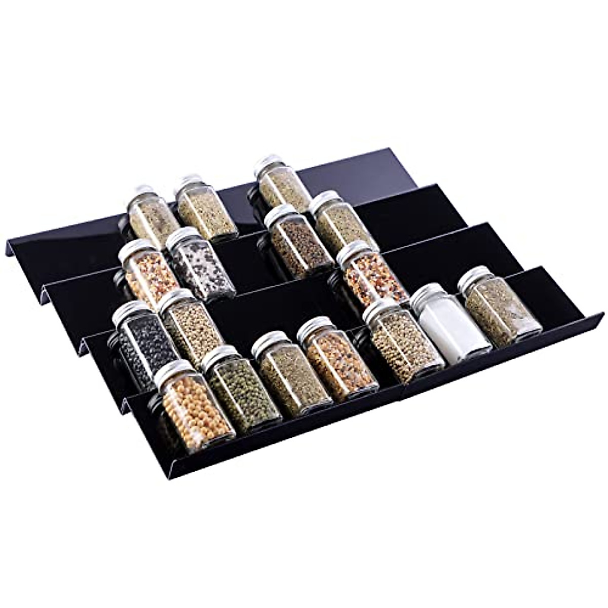 Yakaly Black Acrylic Spice Drawer Organizer, Expandable 11" to 22" - 4 Tier Slanted Drawer Seasoning Jars Rack Hold up 60 Jars, Adjustable In Drawer Spice Tray for Kitchen Cabinet Drawer/Countertop