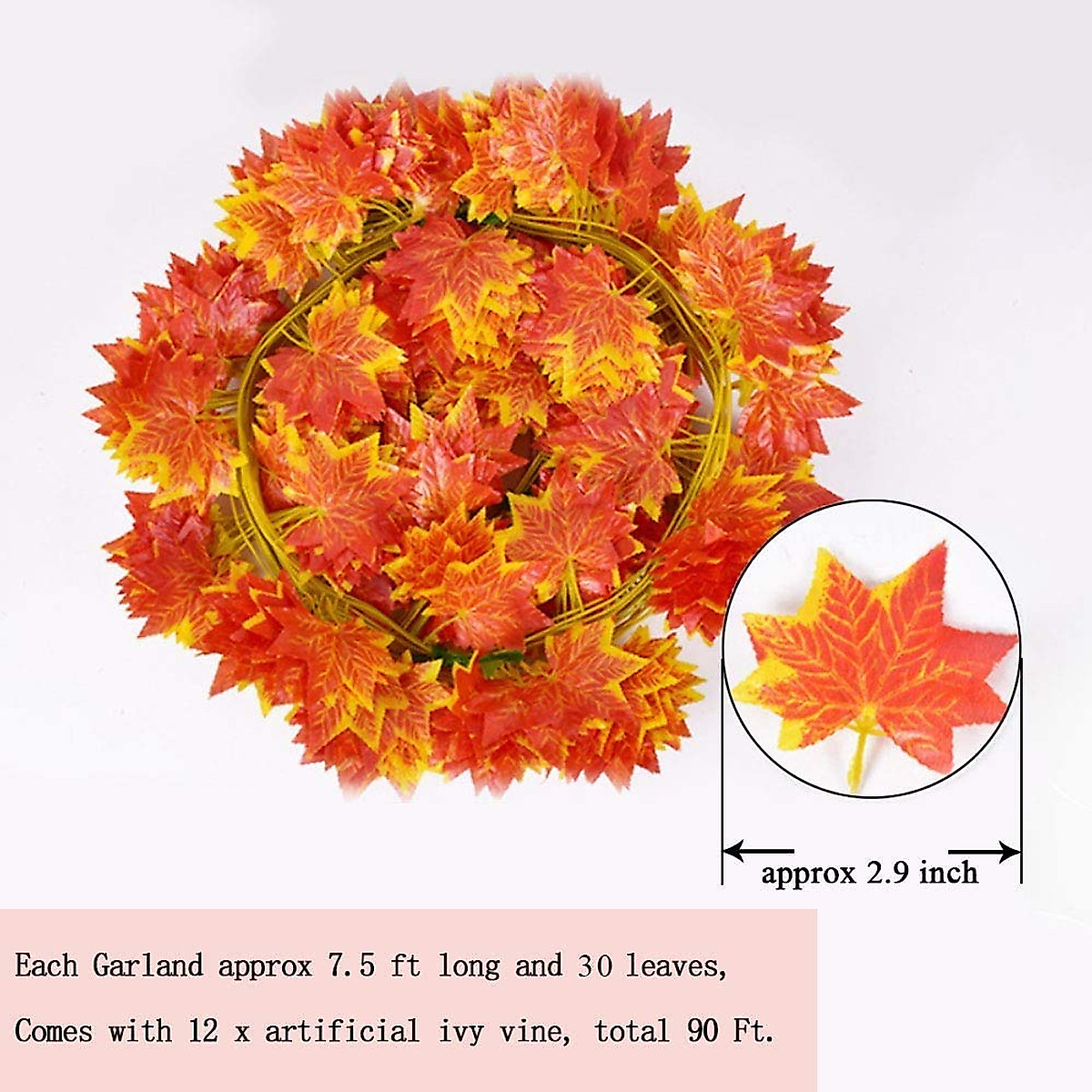 Kalolary 90 Feet 12 Strands Artificial Fall Maple Leaves Garland Autumn Fake Leaf Vine Garland Hanging Plant for Home Garden Easter Thanksgiving Indoor Outdoor Decor
