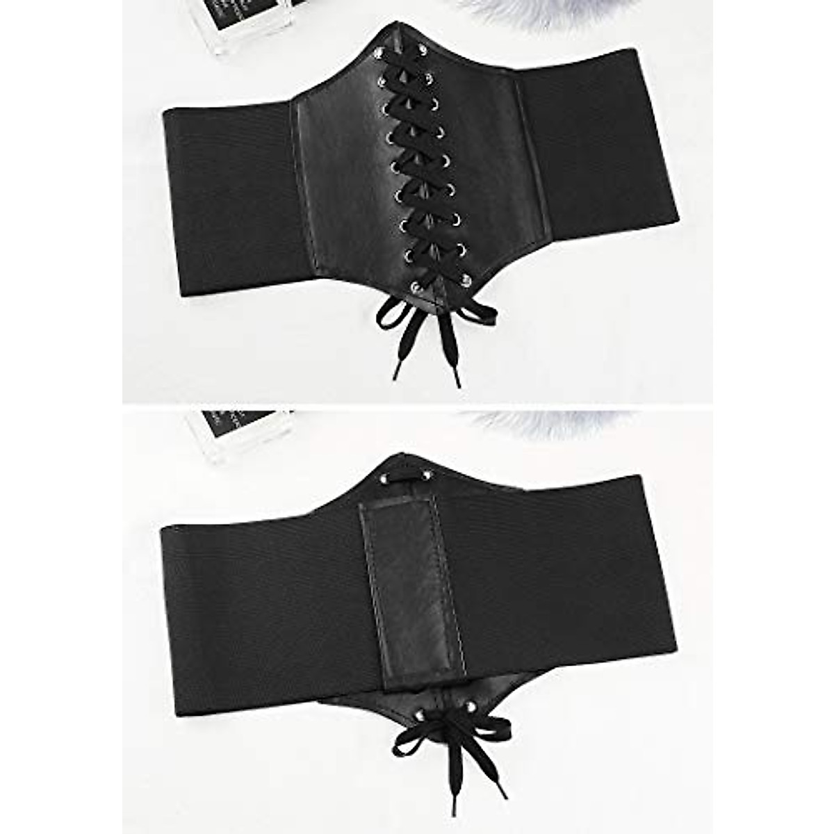 Glamorstar Corset Belt for Women Wide Elastic Tied Waspie Belts Lace-up Leather Waist Belts for Women Dresses 75cm Black