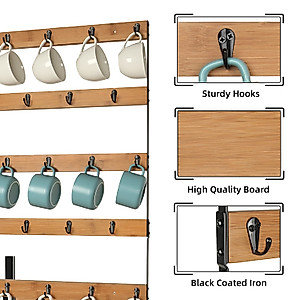 Aomomery Coffee Mug Rack,Rustic Coffee Mug Holder Wall Mounted,Bamboo Coffee Cup Holder with 27 Mug Organizer Hooks,Large 6-Tier Mug Display for Kitchen