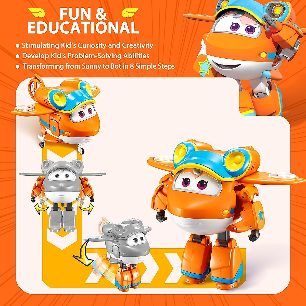 Super Wings 5" Transforming Sunny, Airplane Toys Vehicle Action Figure, Season 5 Plane to Robot in 10 Steps, Birthday Gifts for 3 4 5 year old Boys Girls Preschool Kids, Orange