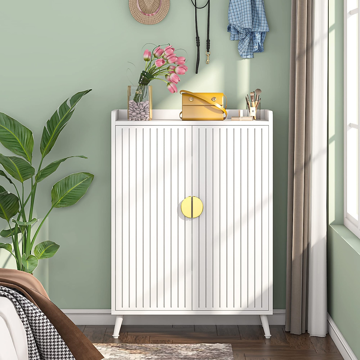 Vagaconl Shoe Cabinet with Doors, Shoe Storage Cabinet with Adjustable Shelves,Wooden Shoe Storage Organizer for Entryway, Living Room,Hallway, Closet, White&Gold