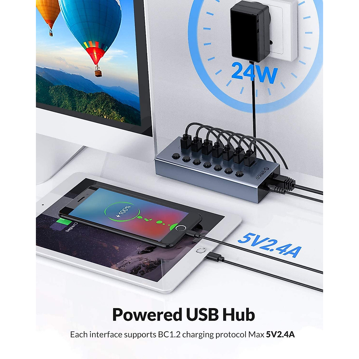 ORICO 13 Port BC1.2 USB 3.0 Hub + Quick Charge with Individual Switches 13 Port USB Data Hub self Power 12V/5A (60W) Black