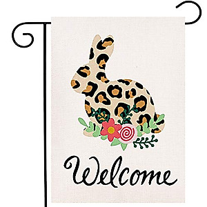 Ogiselestyle Easter Floral Leopard Bunny Garden Flag Vertical Double Sided Easter Bunny Rabbit, Spring Summer Rustic Farmhouse Yard Outdoor Decoration 12.5 x 18 Inch