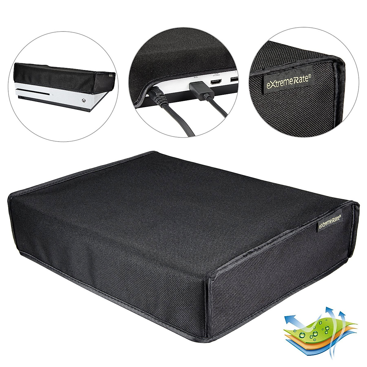 eXtremeRate Black Horizontal Dust Cover for Xbox One S Console Custom Designed Double Layer Soft Neat Lining Waterproof Dustproof Precision Cut Easy Access Cable Port