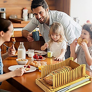 PURENJOY Bread Slicer For Homemade Bread Bamboo Bread Slicing Guide With Knife Adjustable 3 Thickness Size Foldable Bread Cutterwith Crumb Tray (13.7x8.7)