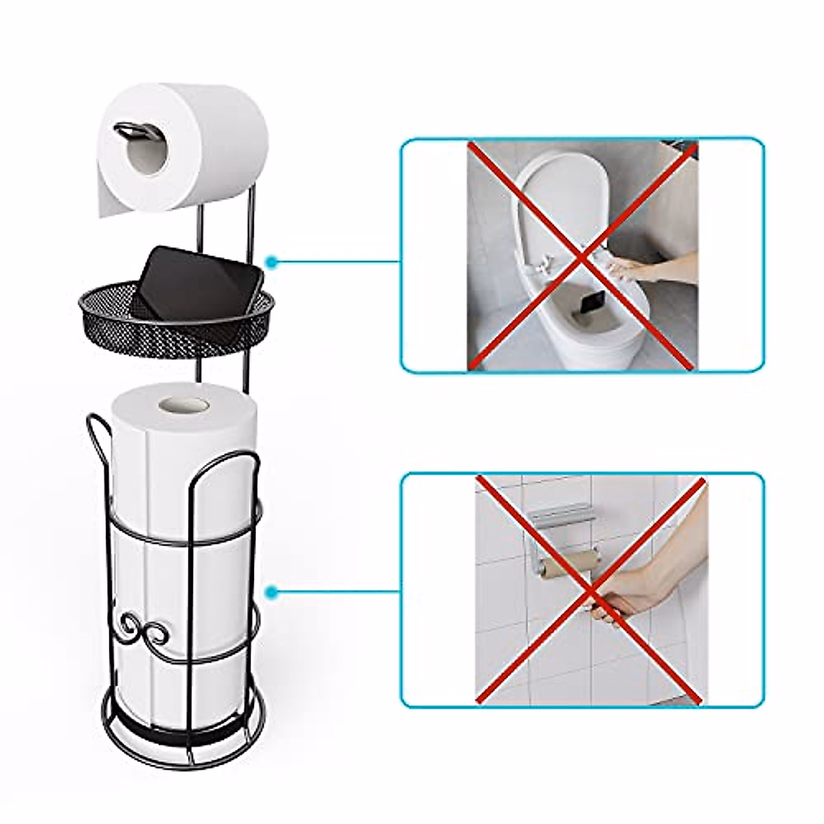 Toilet Paper Holder Stand with Shelf, Freestanding Toilet Tissue Roll Holder with Dispenser for Bathroom Storage Holds 4 Rolls - Black