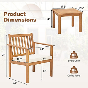 Tangkula 3 Pieces Patio Wood Furniture Set, Acacia Wood Chairs and Coffee Table Set with Soft Cushions, Slatted Design, Outdoor Furniture Set for Porch, Yard, Balcony (White)