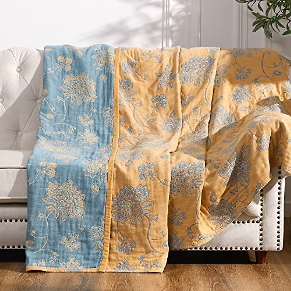 jinchan Yellow Throw Blanket for Couch Spring Cotton Blanket Soft Breathable Lightweight 4 Layer Cozy Blanket Twin Size Reversible Coverlet Floral Blanket Bed Blanket Baby Kid Gift 60x80 Inch