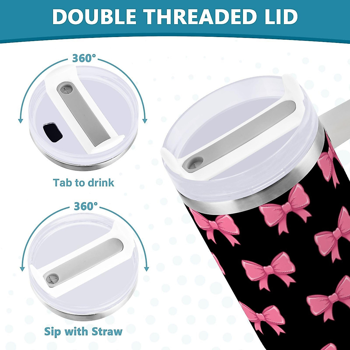 Jihqo Elegant Bows Pink Black 40 oz Stainless Steel Vacuum Insulated Tumbler with Handle and Straw Lid, Leakproof Water Bottle Double Wall Travel Mug Coffee Cup, Cupholder Friendly