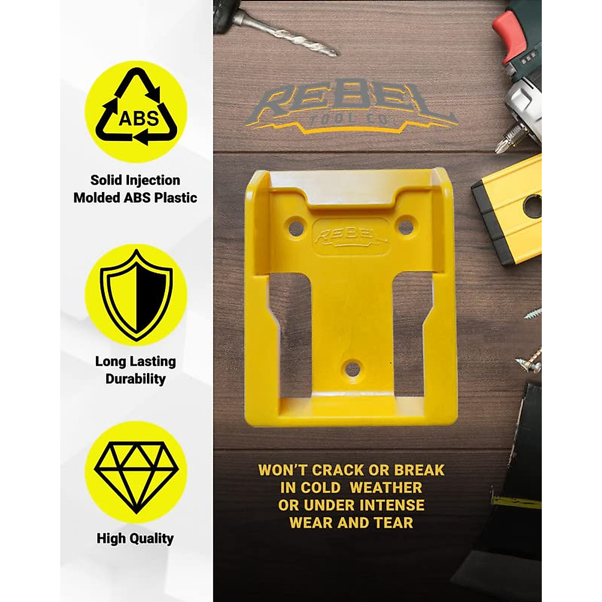 RebelToolCo Battery Holder Wall Mount (6 Pack) Battery Holder Mounts. Compatible with 20V & 60V DeWalt Cordless Batteries. Tool Holder Storage Organizer for Battery, Accessories, & Tool Organization.