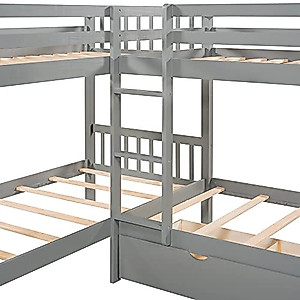 TARTOP L-Shaped Bunk Beds for 4,Solid Wood Bunk Bed Frame with 3 Storage Drawers,Twin Over Twin Size Corner Bunk Bed,Wood Quad Bunk Beds Frame for Kids Teens Girls Boys,Gray