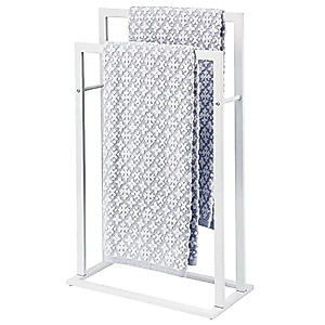 mDesign Metal Tall 2-Tier Free-Standing Towel Rack Holder for Bathroom Storage and Organization, Floor Stand Holds Bath, Hand Towels; Great for Guest, Half, Kids' Bathrooms - Matte White