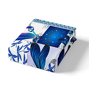 Feelyou Dragonfly Duvet Cover Set Blue Roses Printed Comforter Cover for Women Adults Retro Patchwork Design Bedding Set 1 Duvet Cover & 2 Pillowcases Queen Size