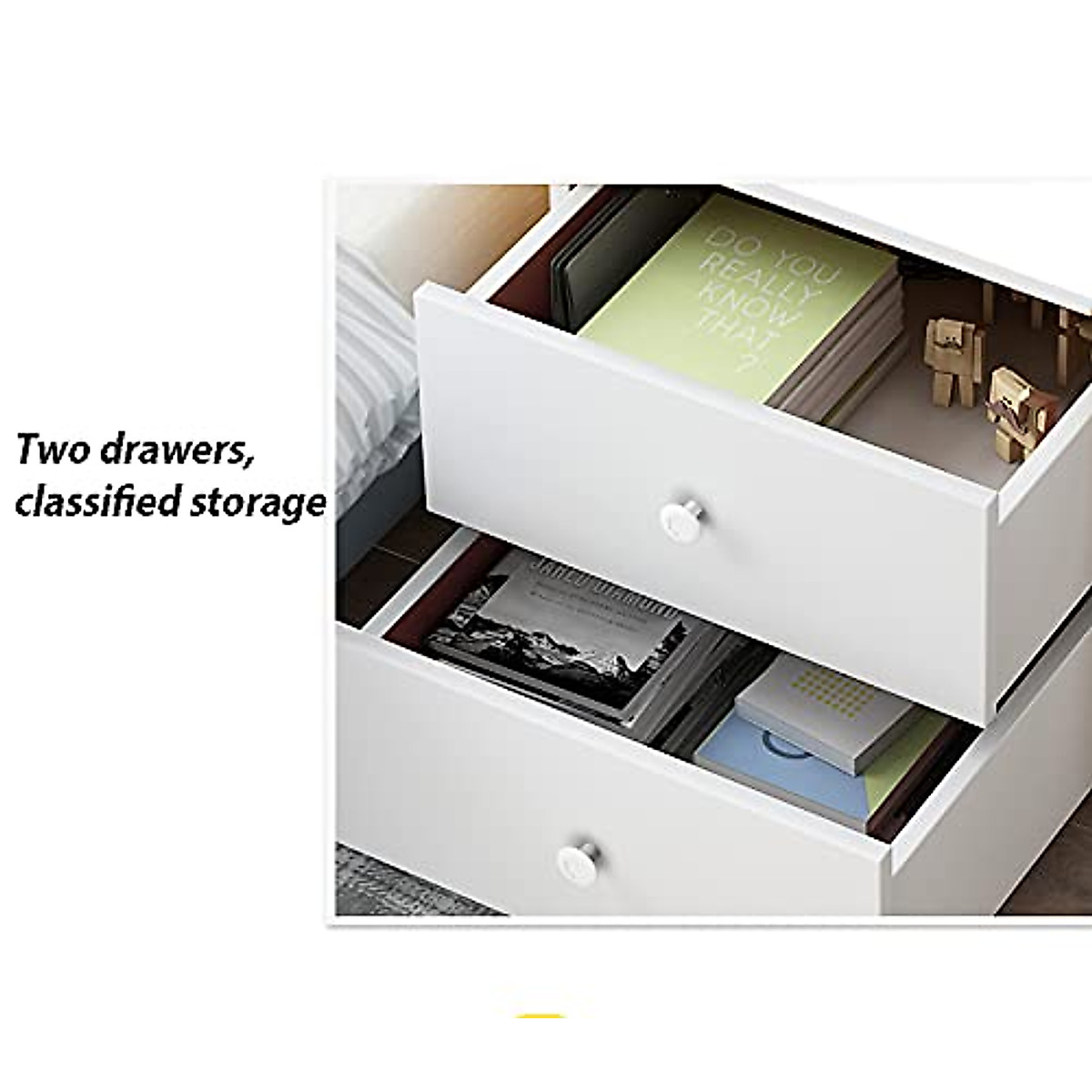 Roozmausy Nightstand with LED Lights and Charging Station,White nightstand,Bedside Table with Drawer,Bedside Cupboard,Bedside Cabinets,Small Spaces Side End Table (White-2Drawer)