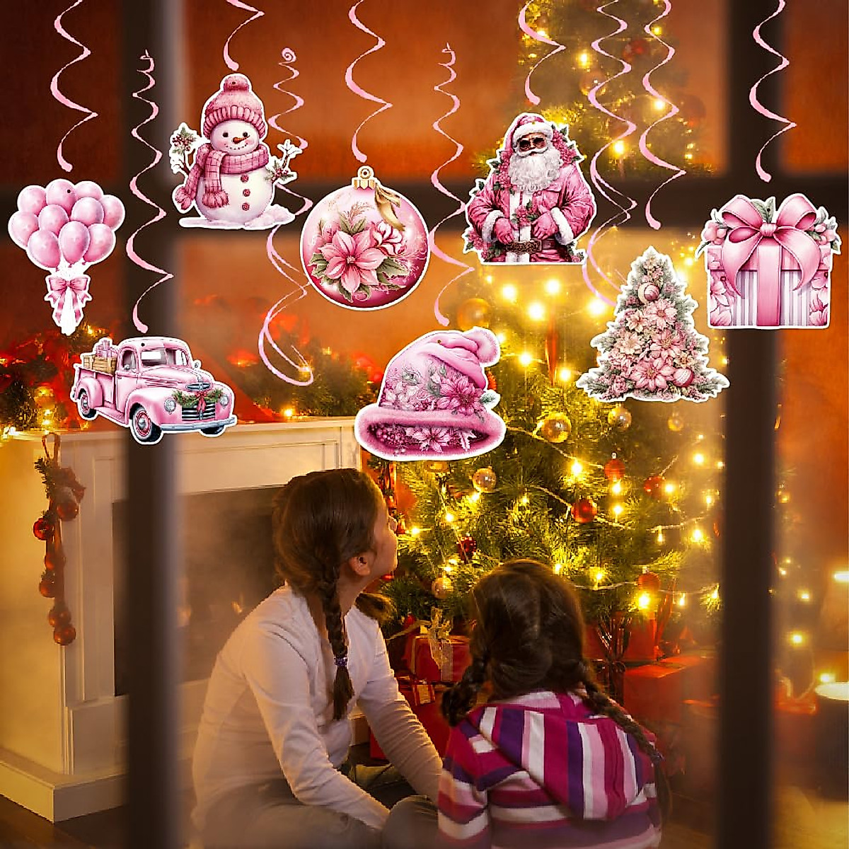 36Pcs Pink Christmas Hanging Swirl Decorations, Christmas Ceiling Streamers, Snowflake Swirls Decoration for Winter, Xmas Ornaments Pink Christmas Decor Pink Girls Birthday Party Supplies Favor