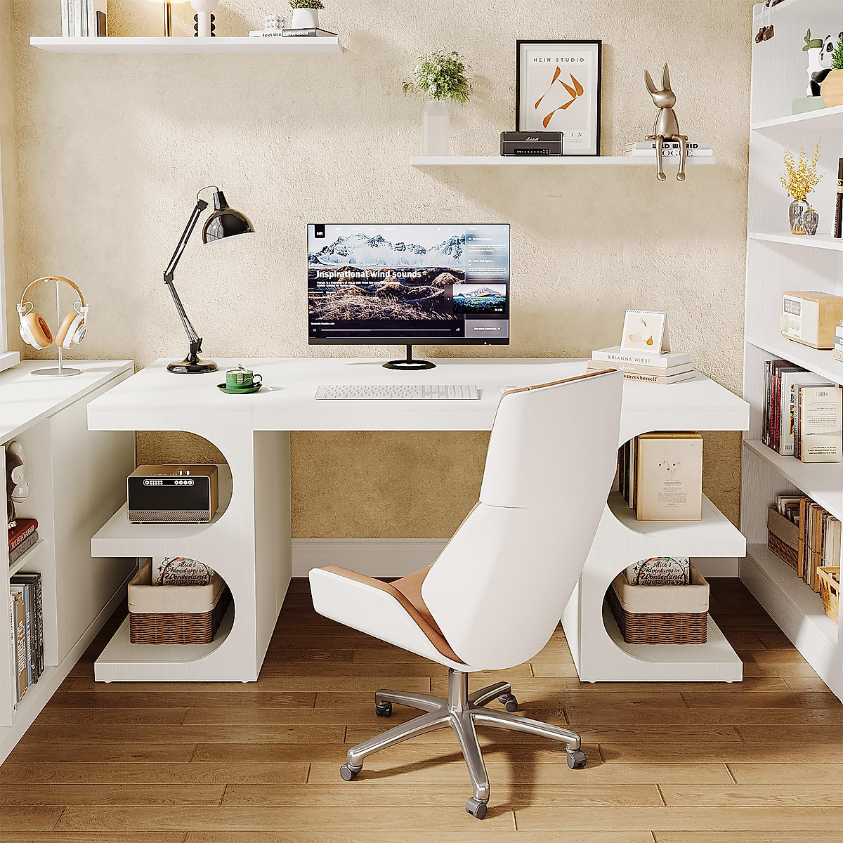 Tribesigns 62" Executive Office Desk, Large Computer Desk with Storage Shelves, Modern Wood Writing Desk Study Table, Workstation Desk Business Furniture for Home Office, White