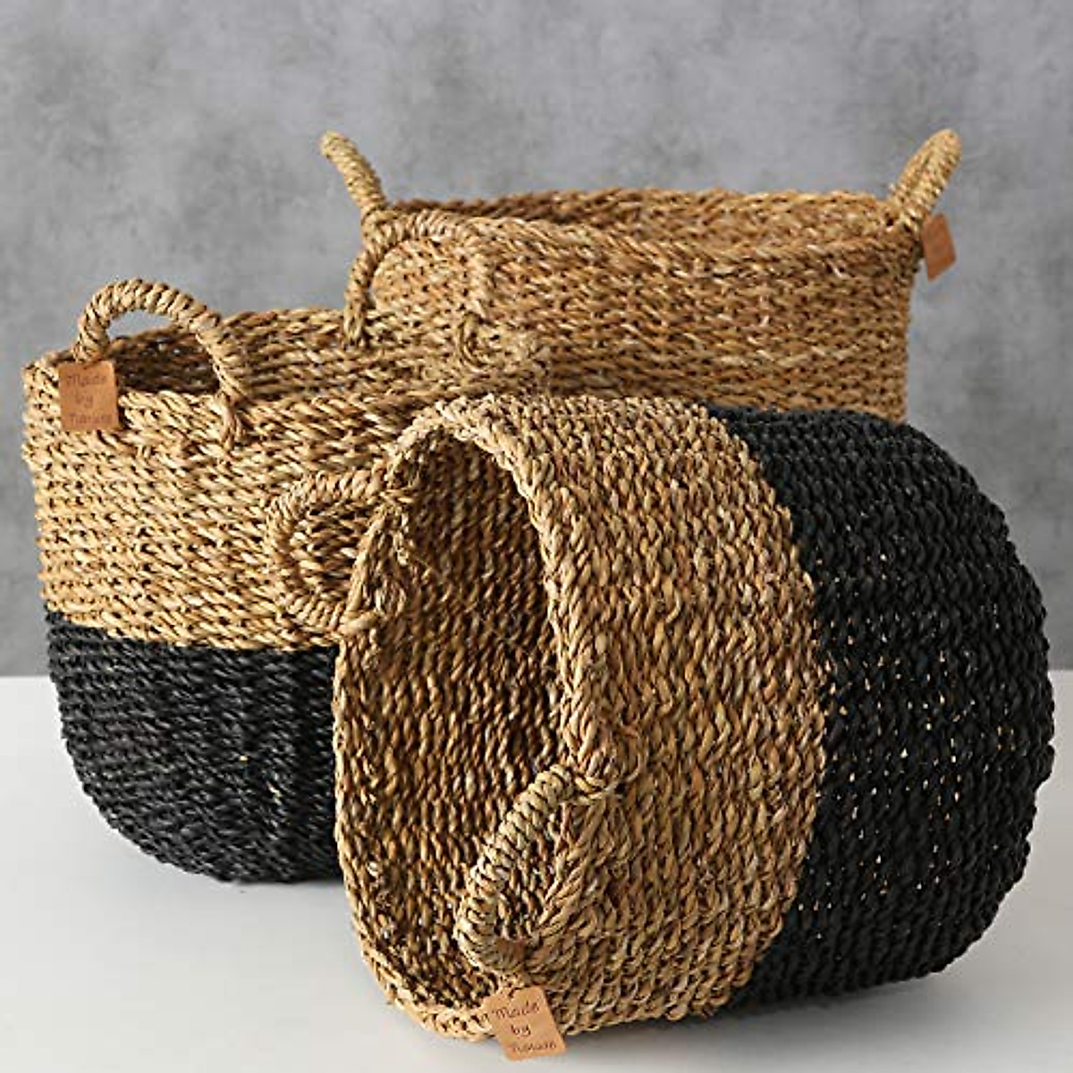 WHW Whole House Worlds Cape Cod Seagrass Baskets, Set of 3, Paint Dipped, Chunky Weave, Nautical Gray, Natural, Barrel Belly, Top Handles, 15.75, 13.75, and 11.75 Inches Tall
