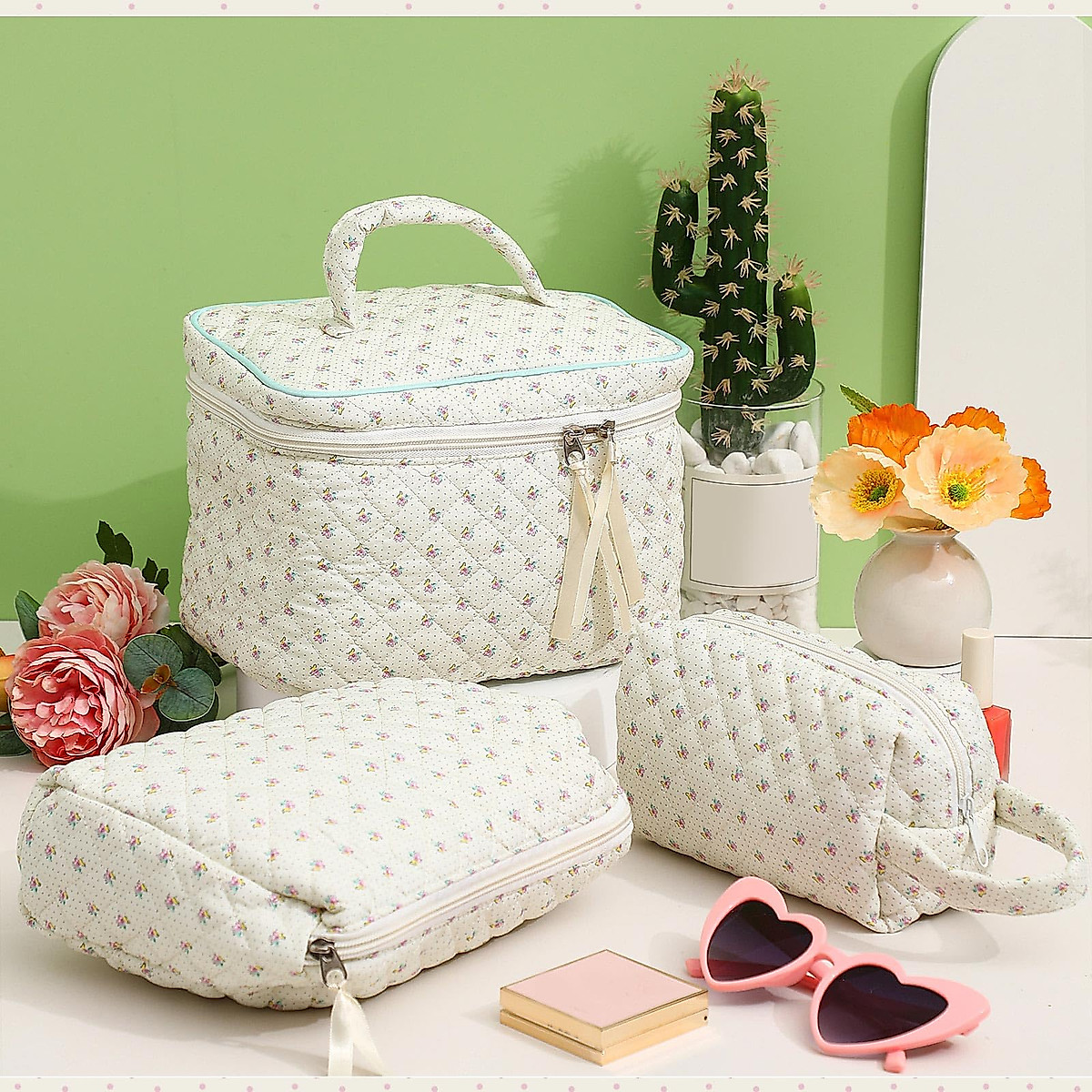 Paterr 3 Pieces Cotton Quilted Makeup Bag Set Coquette Cosmetic Bag Aesthetic Travel Toiletry pouch Cute Pouch Kawaii Aesthetic for Women(White,Little Flower)