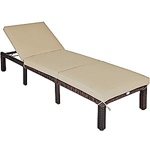 Outdoor Patio PE Rattan Chaise Lounge Lounger Recliner Chair Sunbathing Bed Soft Non-Woven Cushion With Zipper 6 Level Adjustable Backrest Steel Frame Ideal For Garden Balcony Terrace Pool Side Use