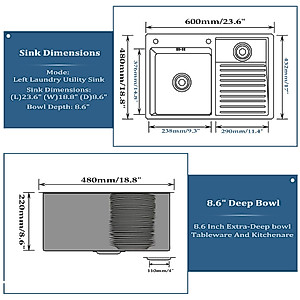 KOYGIMNDR Stainless Steel Laundry Tub Balcony Household Wash Basin with Washboard Kitchen Sinks Bathtub Single Bowl Easy to Clean Double Sink Laundry Pool (Color : Left, Size : 60x48cm)