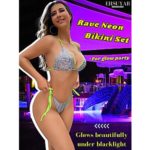 EHSUYAB Sexy Bikini Set, Thong String Triangle High Cut Metallic Bathing Suits for Women 2 Piece Bikini, Bralette Halter Tie Sparkly Padded Swimsuit Boudoir Beach Neon Green Silver Medium