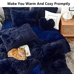 6Pcs Fluffy Faux Fur Duvet Cover Sets,Fuzzy Plush Shaggy Bedding Set(1Faux Fur Quilt Cover with Velvet Fabric Inner+1Flannel Flat Sheet+2 Shaggy Pillowcases+2 Heart Pillows) Zipper Closure Navy King
