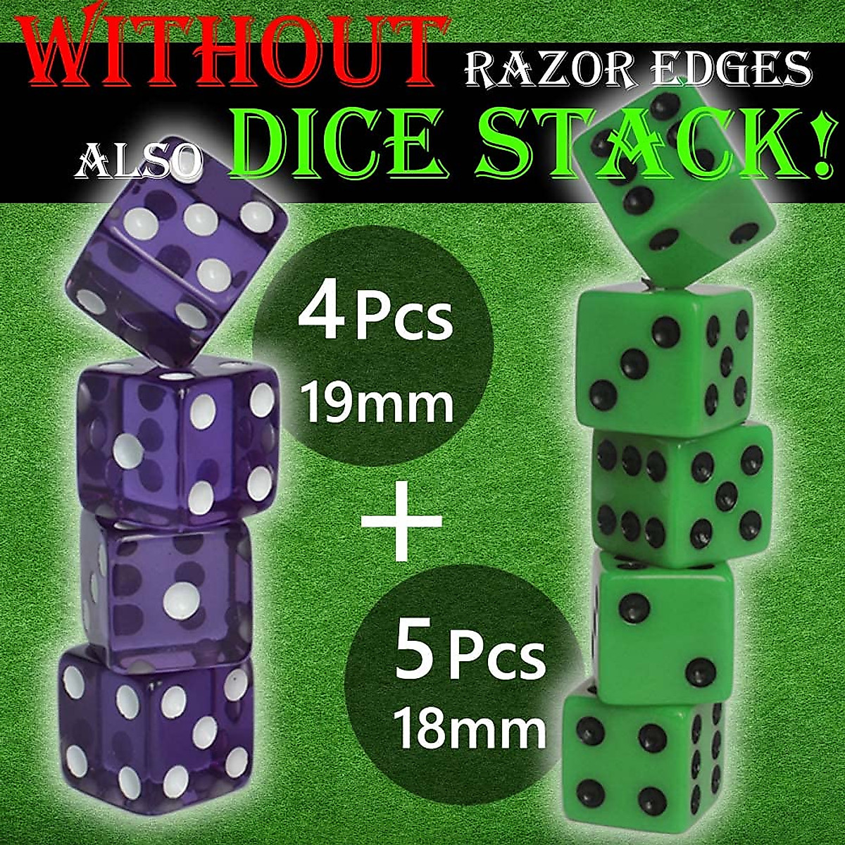 Graduation Gift Dice Stacking Cup Set with 4 Pcs 19mm Purple and 5 Pcs 18mm Green Standard 6 Sided Dices Straight Dice Cup with Storage Bag Dice Cup Shaker with Magic Tricks Instruction Black
