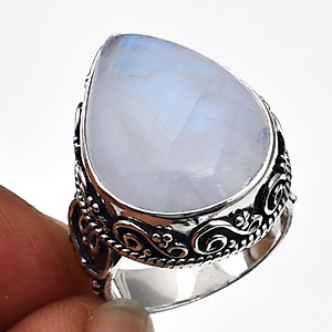Silver Palace Natural Rainbow Moonstone 925 Sterling Silver Handmade Teardrop Ring For Unisex
