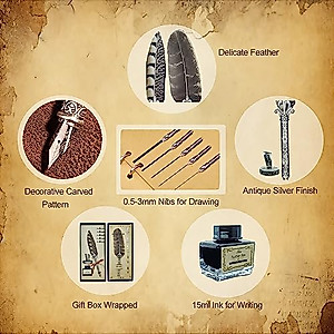SHUEYEH Caligraphy Kits for Beginners, Feather Pen and Ink Set, Quill Pen X2, 10 Replacement Nibs, Silver Pen Stand, Antique Calligraphy Dip Pen with Black Ink (Pheasant+Turkey)