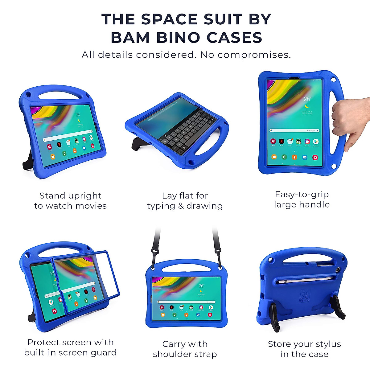 Bam Bino Space Suit Rugged Kids Case for Samsung Galaxy Tab S5e 10.5, Designed in Australia for Children, Built-in Screen Protector, Handle, Stand, Pencil Holder, Shoulder Strap (Galactic Blue)