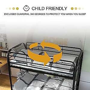 GangMei Latest Version Twin Over Twin Bunk Bed with Enclosed Guardrail, Full Over Full Bunk Bed for Kids Boys Girls Teens Adults, Heavy Duty Metal Frame, Double Sided Ladder, Black
