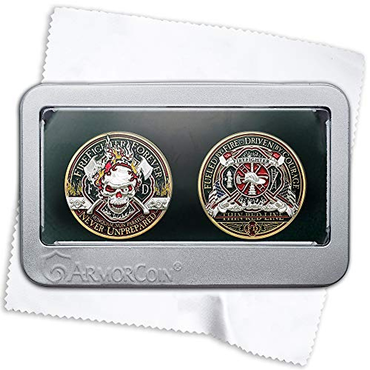 Thin Red Line · Firefighter Forever Challenge Coin with Deluxe Display Tin Box Plus Bonus polishing Cloth - 2 Medallion Set