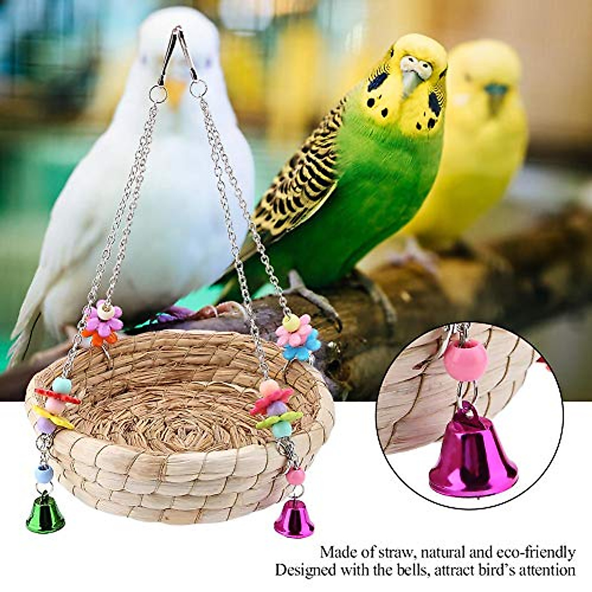 Bird Nest, Safe Parrot Straw Durable Bell Bird Toy Swing Nest Hanging on Birdcage