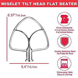 Stainless Steel Flat Beater for KitchenAid 4.5qt-5qt Tilt-Head Stand Mixer, Fit for Classic, Classic Plus and Artisan Mixer K45SS, KSM75, KSM90, KSM110, KSM125, KSM150 Heavy Duty and Dishwasher Safe