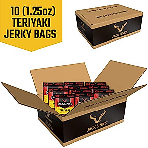 Jack Link's Beef Jerky, Teriyaki, 1.25 oz. Bags, 10 Count - Flavorful Meat Snack for Lunches & More, 14g Protein, 100 Calories, Made with 100% Beef - 96% Fat Free, No Added MSG** or Nitrates/Nitrites