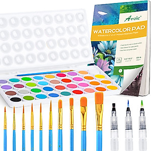 AROIC 65 Pieces Watercolor Paint Set，36 Colors Watercolor，10 Brushes，3 Refillable Water Brush Pens，16 Page Pad（8.5 * 5.5in），Profesional Watercolor Kit for Kids, Adults, Beginners