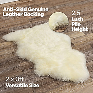 Natural Milan Genuine Sheepskin Area Rugs with Thick and Lush Pile, Fluffy Sheep Fur Rug with Anti-Skid Backing for Bedroom Living Room, Single Pelt, Ivory 2 ft x 3 ft