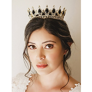 SWEETV Crystal Queen Crown for Women, Rhinestone Wedding Tiara Headband, Full Round Princess Crown Hair Accessories for Prom Birthday Costume Party,Champagne+Gold