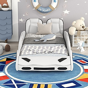 Harper & Bright Designs Twin Size Race Car-Shaped Platform Bed with Wheels, White