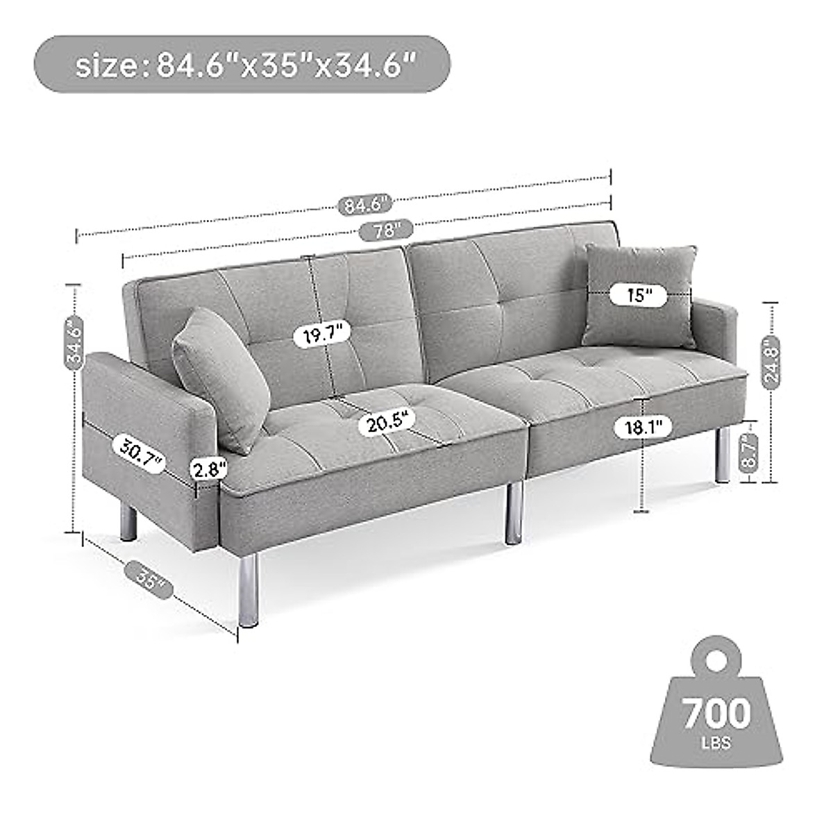 HomePop Upholstered Futon Bed with Chrome Legs, Modern Sofa Couches for Living Room, Small Spaces, Dorm, Apartment Sofabed, Standard, Light Grey