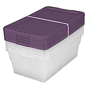 Sterilite Stackable 6 Quart Clear Home Storage Box with Handles and Purple Lid for Efficient, Space Saving Household Storage and Organization, 5 Pack