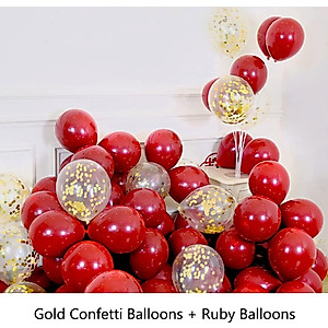 Siticoto 50pcs Ruby Red Gold Confetti Latex Balloons, 12 inch Clear Confetti Balloons and Red Round thick Ruby Double Latex Balloons for Love Bride Wedding Valentine Day Party