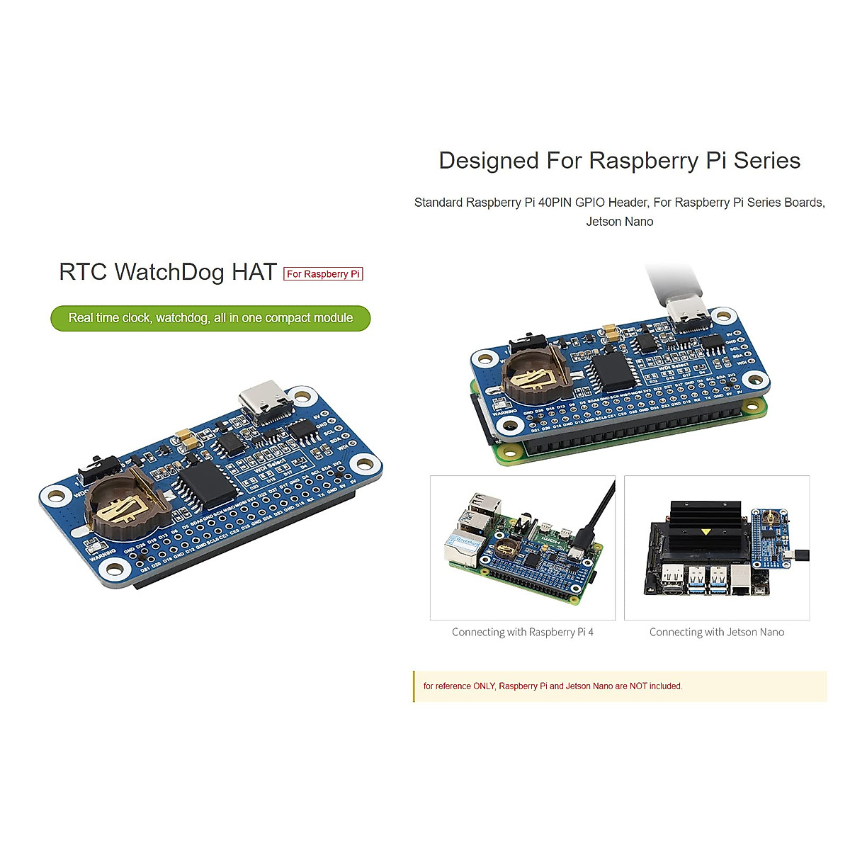 Waveshare RTC WatchDog HAT for Raspberry Pi Auto Reset High Precision RTC Real time clock Compatible with Jetson Nano