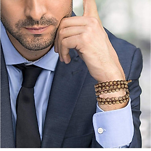 K&Q 9 Pcs Mens Womens Wood Necklace Chain Bracelets, Handmade Multilayer 8MM 108 Buddhist Prayer Strand Wood Beaded Bracelet Necklace Buddhist Beads Elastic