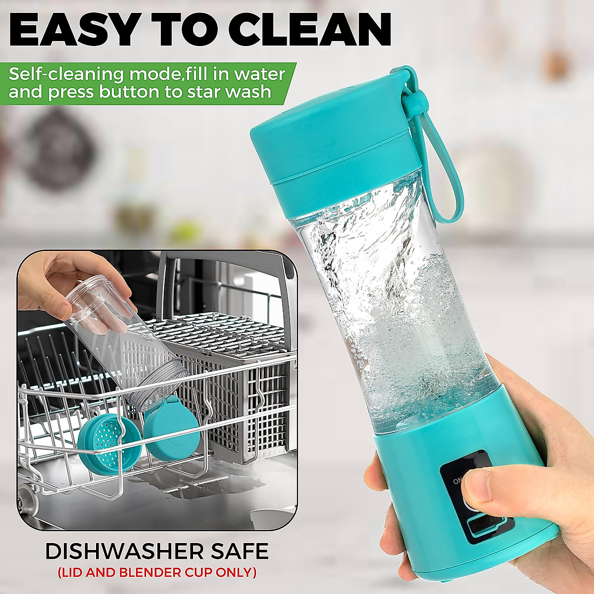 Personal Blender for Shakes and Smoothies, USB Rechargeable Shaker, Portable Juicer with Six Cutters, 380ML Juice Bottle for Travel Gym（Teal）